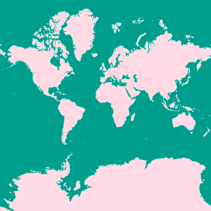 World map (Mercator projection) in pastel rose and teal | Super Map World
